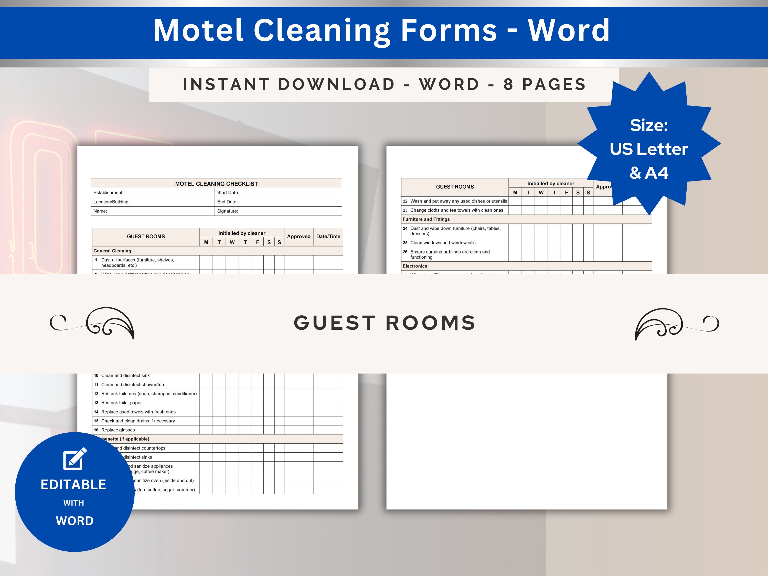 Motel Cleaning Checklist: Guest Room Cleaning Standards (word, PDF) - Etsy