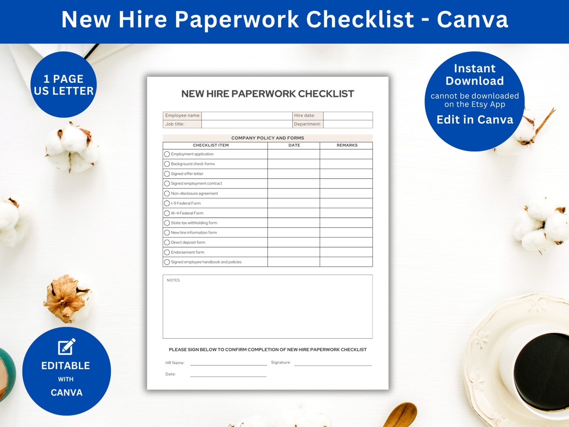 New Employee Paperwork Checklist Template (PDF) - Etsy