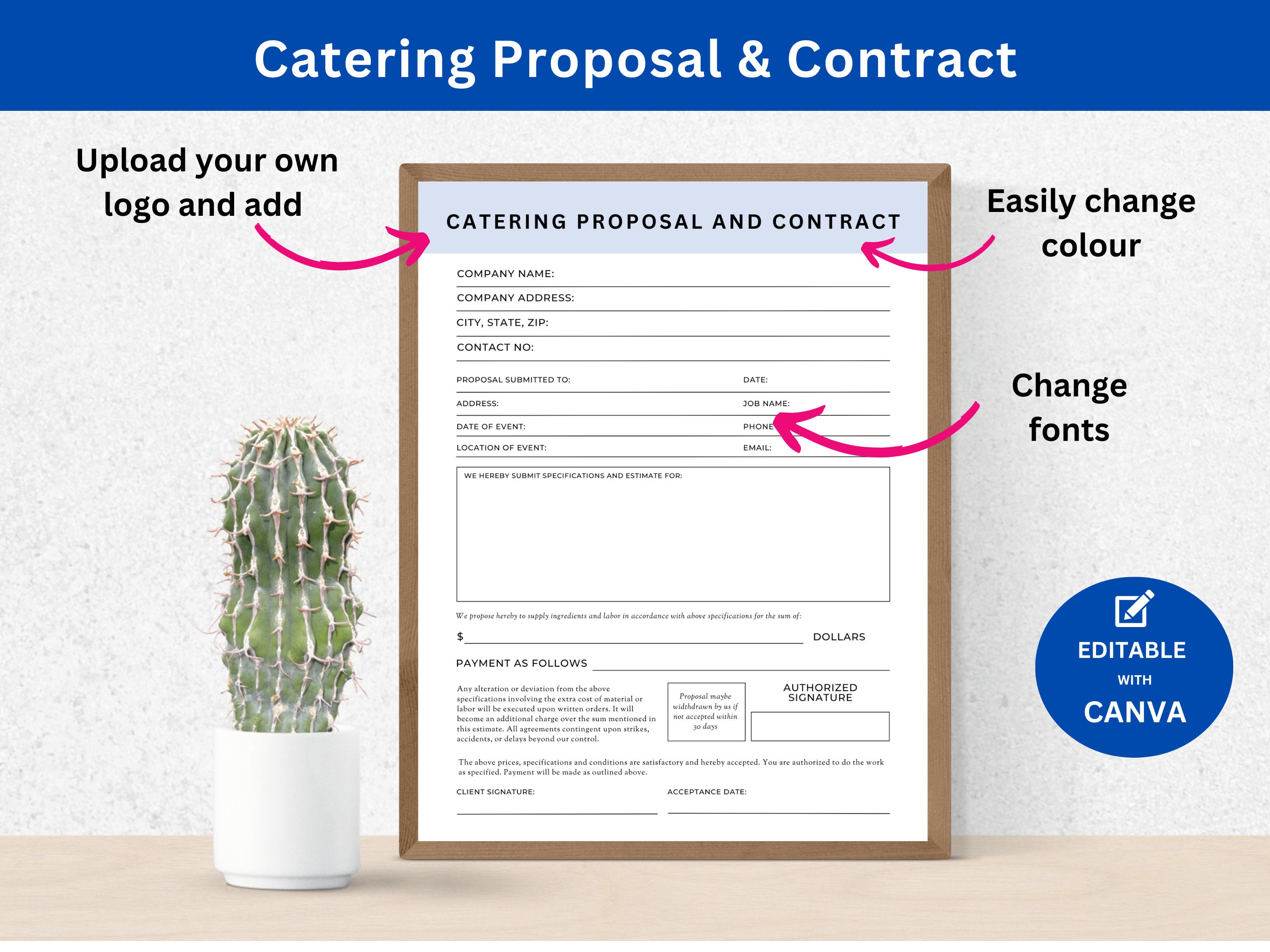 Catering Agreement and Proposal: One Page Contract (canva Template) - Etsy