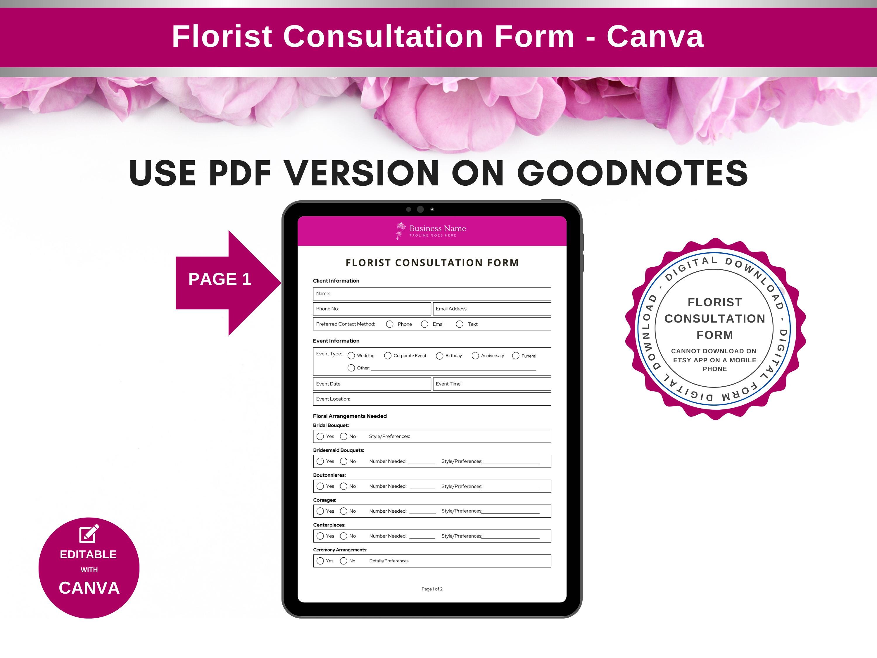 Printable Florist Consultation Form PDF Canva Flower Arrangement Design ...