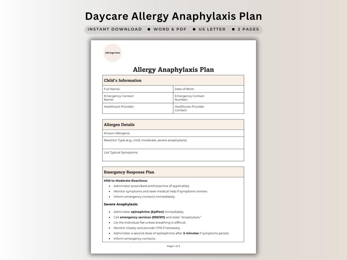 Daycare Allergy Anaphylaxis Emergency Action Plan Childcare Food ...