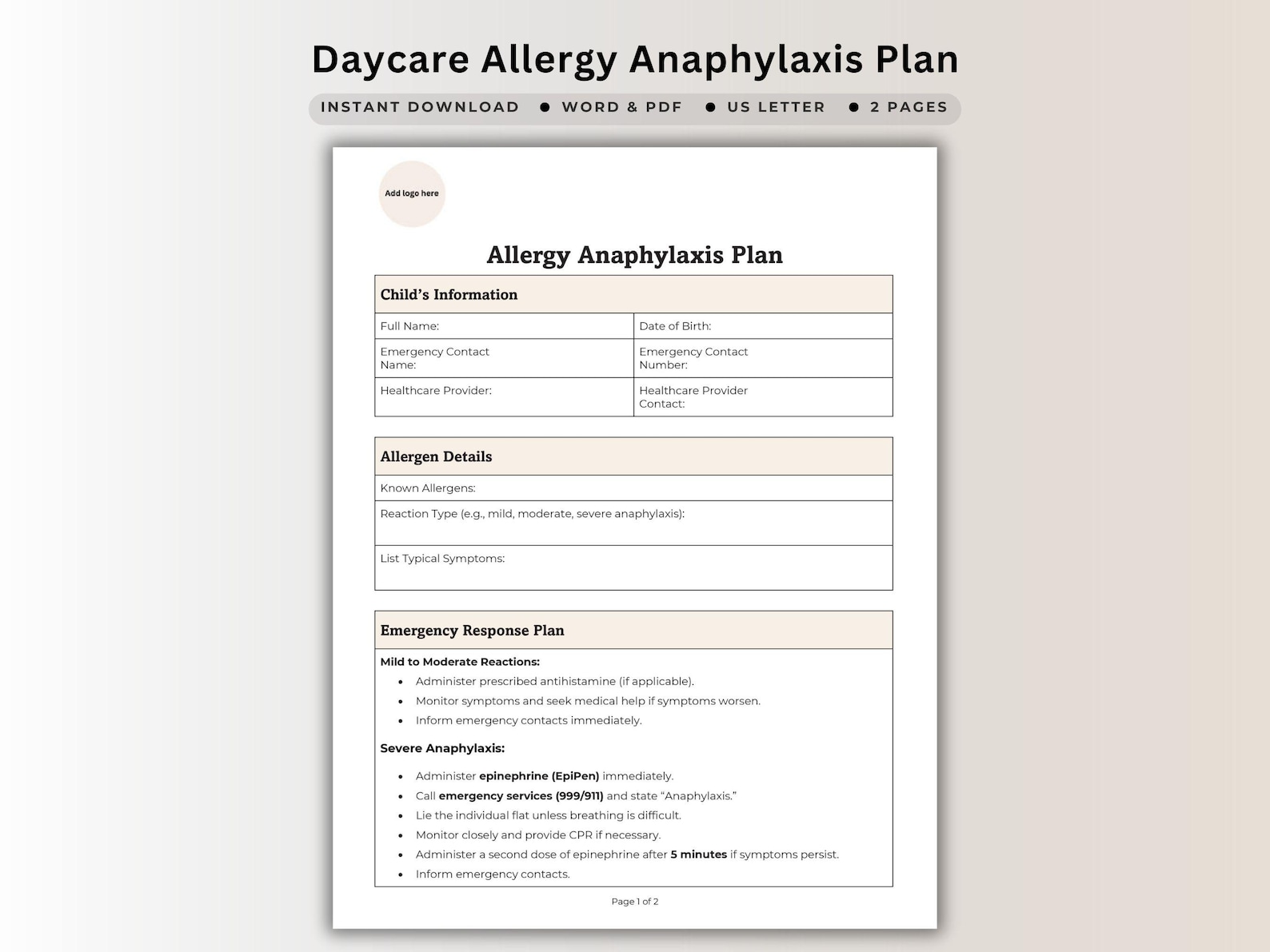 Daycare Allergy Anaphylaxis Emergency Action Plan Childcare Food ...