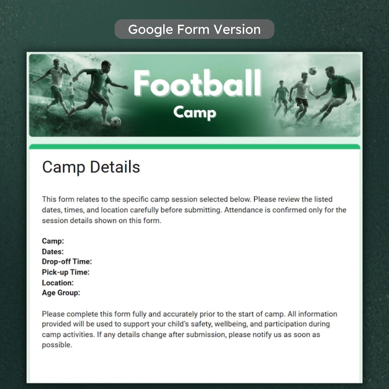 Soccer Camp Registration Form Template Word Download Youth Football ...