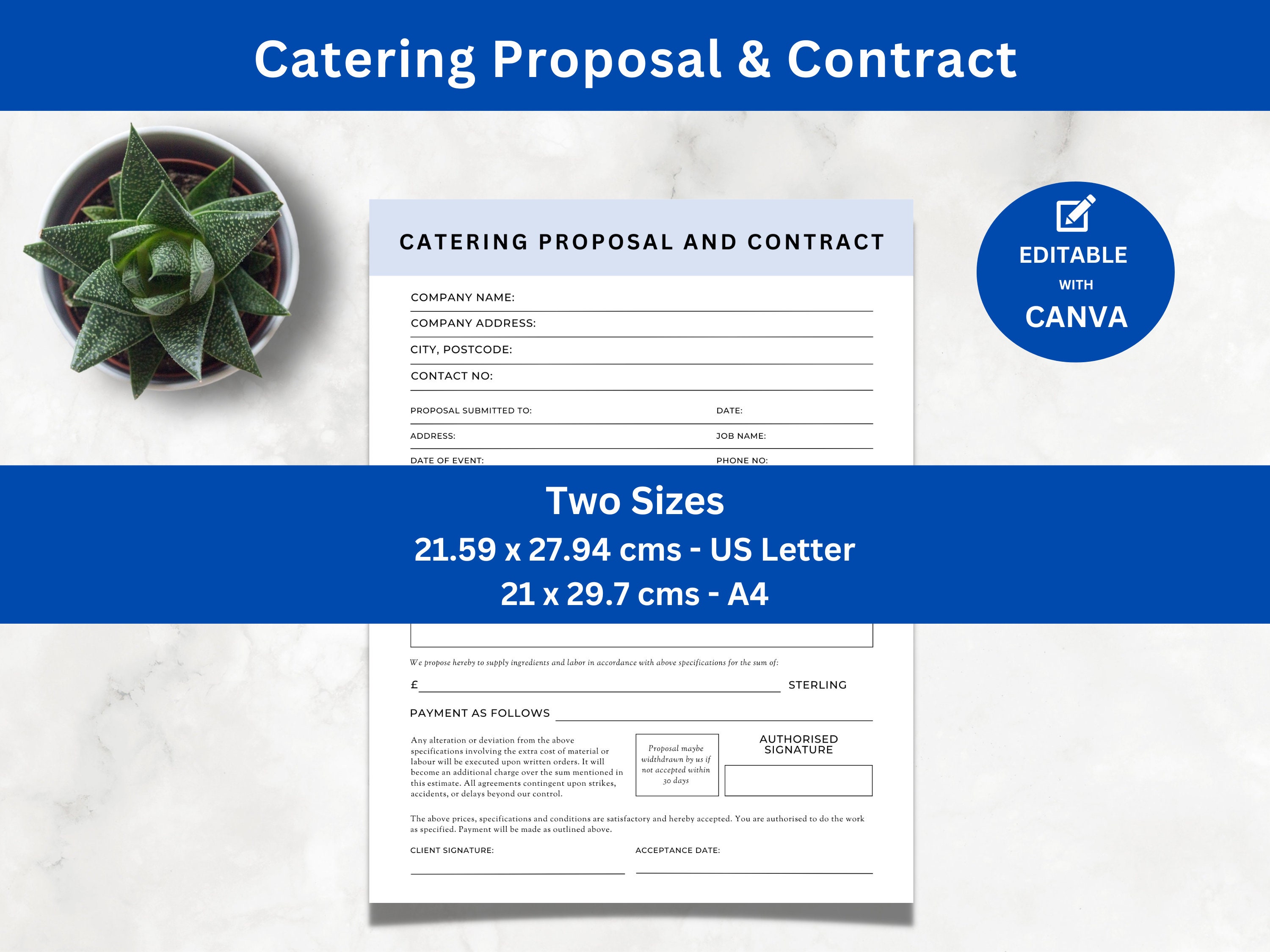 Catering Agreement and Proposal: One Page Contract (canva Template) - Etsy