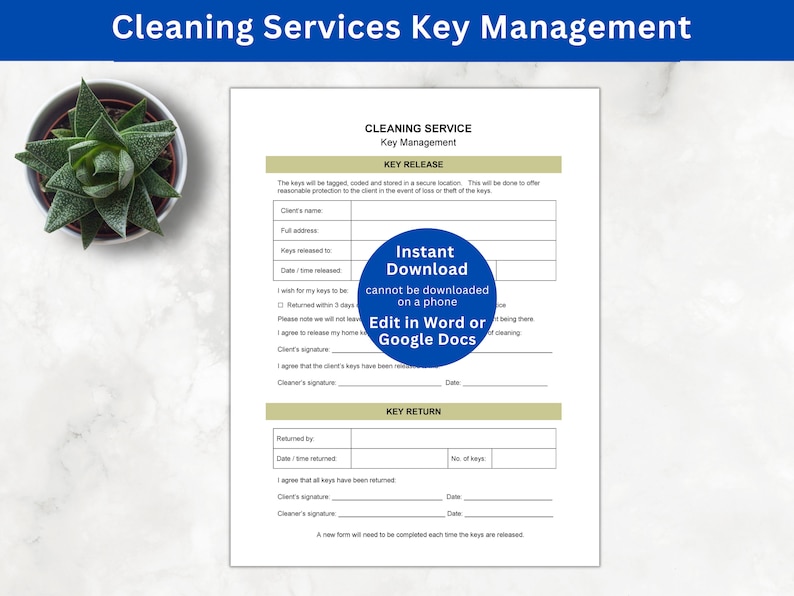 House Cleaning Key Release Form Key Return Form Janitorial Key Return ...