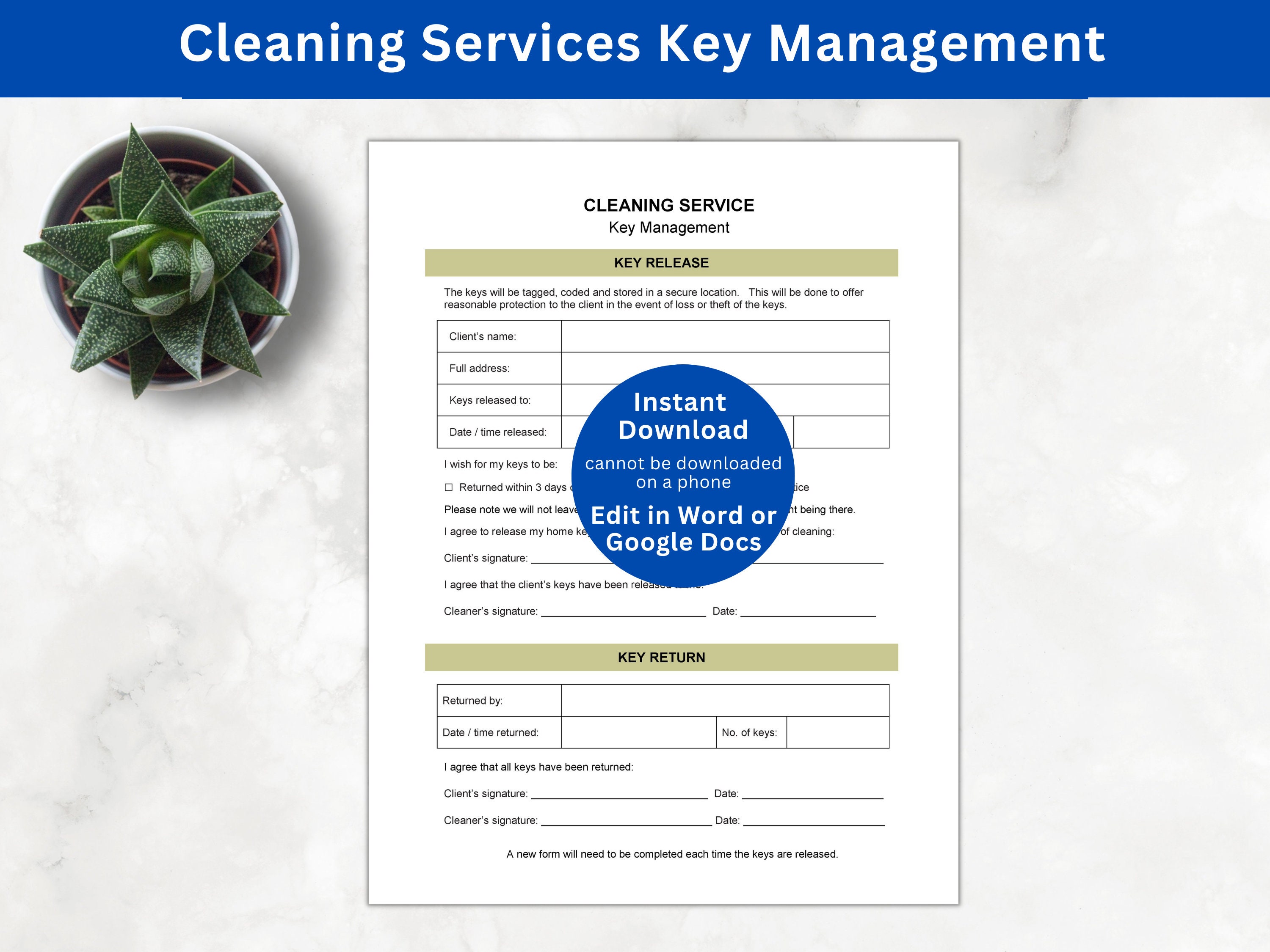 House Cleaning Key Release Form | Key Return Form | Janitorial Key ...
