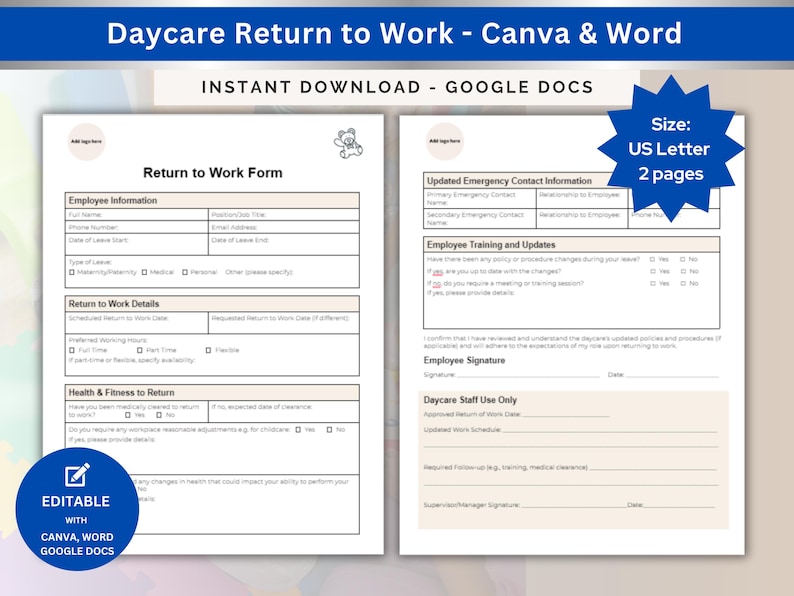 Daycare Return to Work Form for Return to Work Interview Printable ...