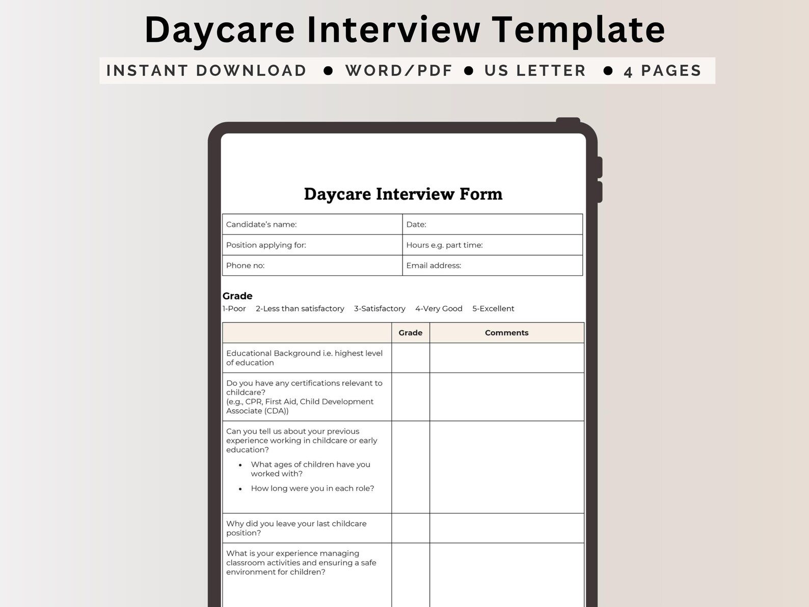 Childcare Hiring Questions for Daycare Interview Form With Example ...