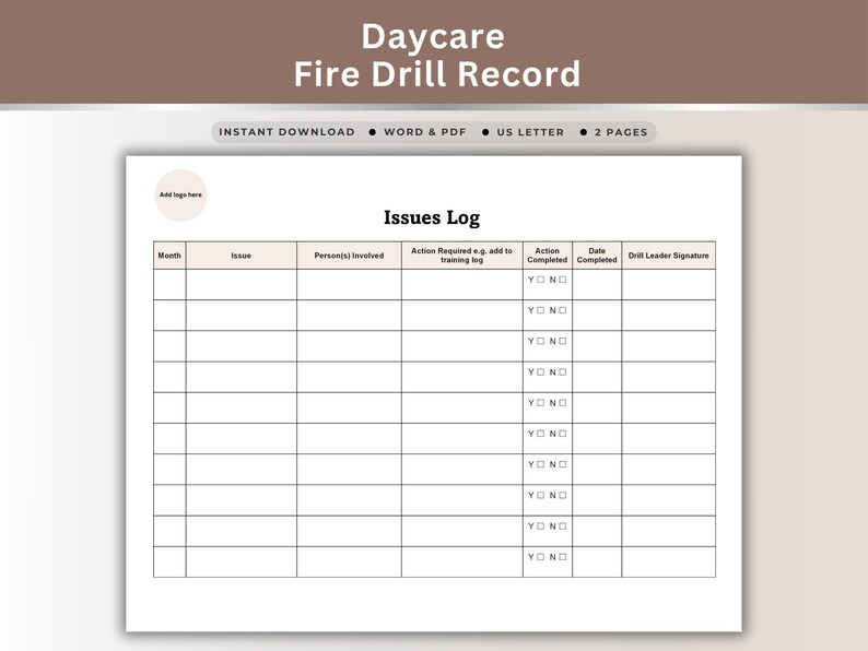 Childcare Fire Drill Record Template Monthly Emergency Evacuation Drill ...