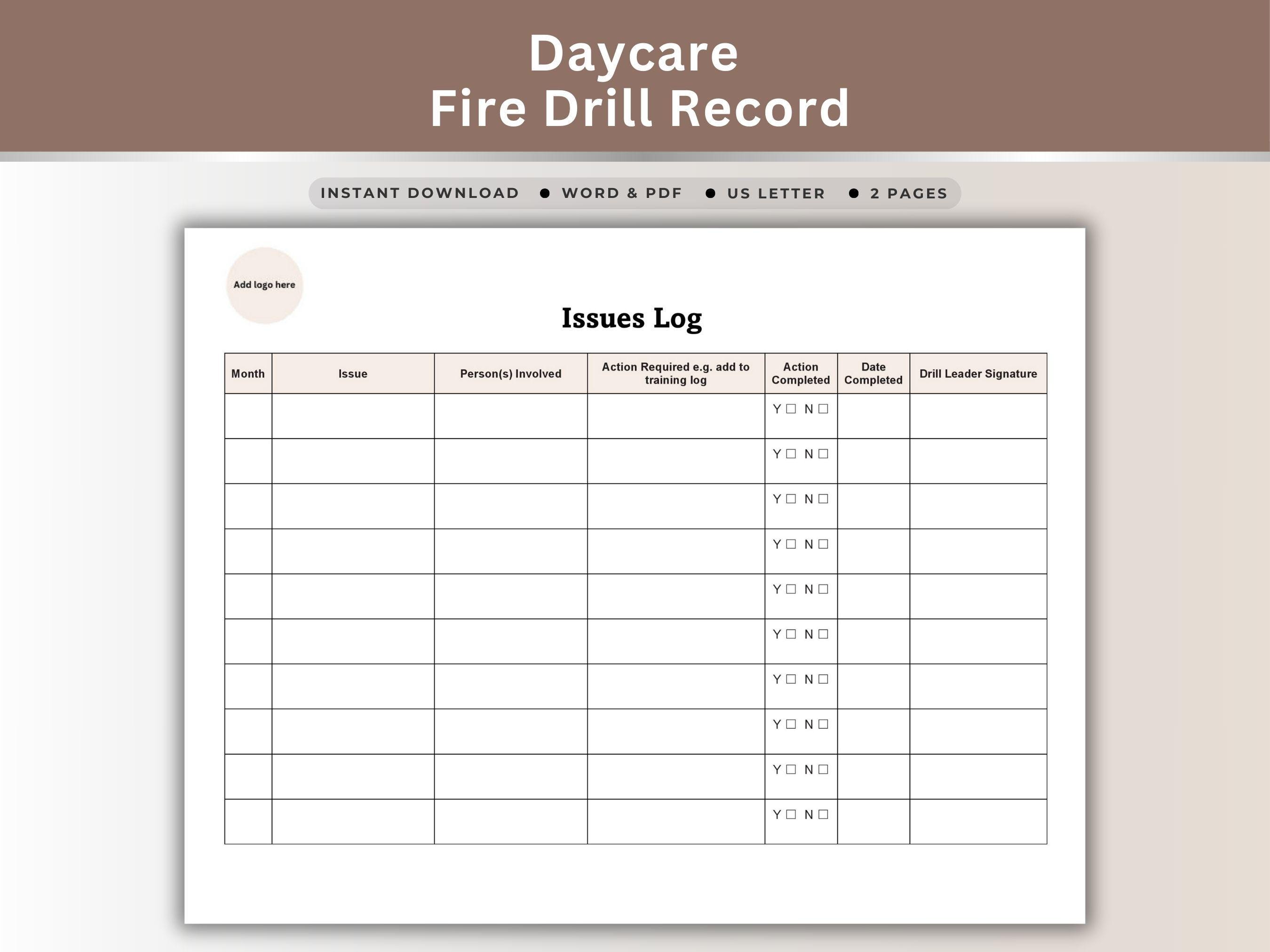 Childcare Fire Drill Record Template Monthly Emergency Evacuation Drill ...