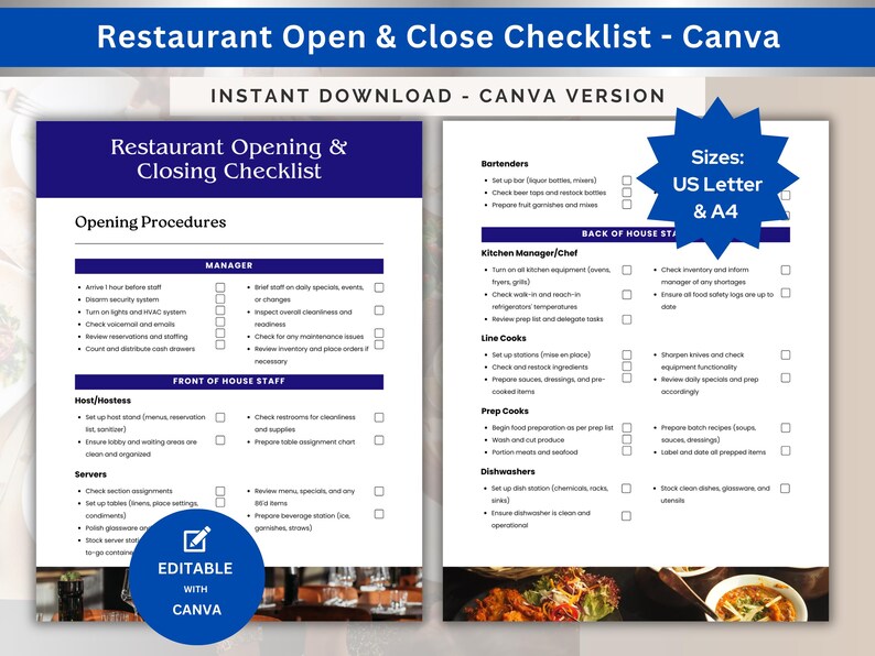 Restaurant Opening Checklist Restaurant Closing Checklist Daily Opening ...