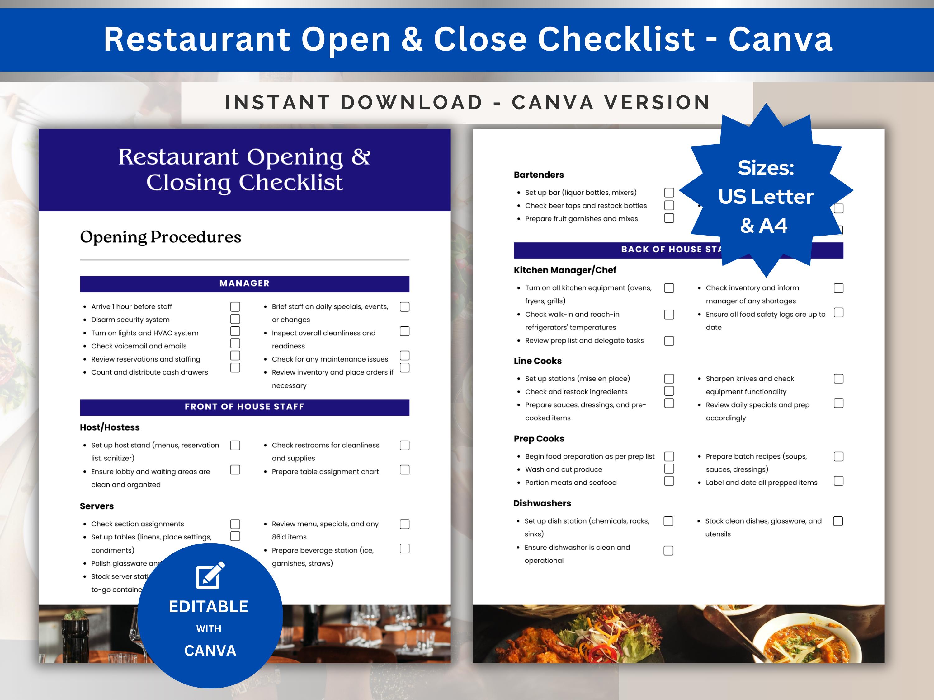 Restaurant Opening Checklist Restaurant Closing Checklist Daily Opening ...