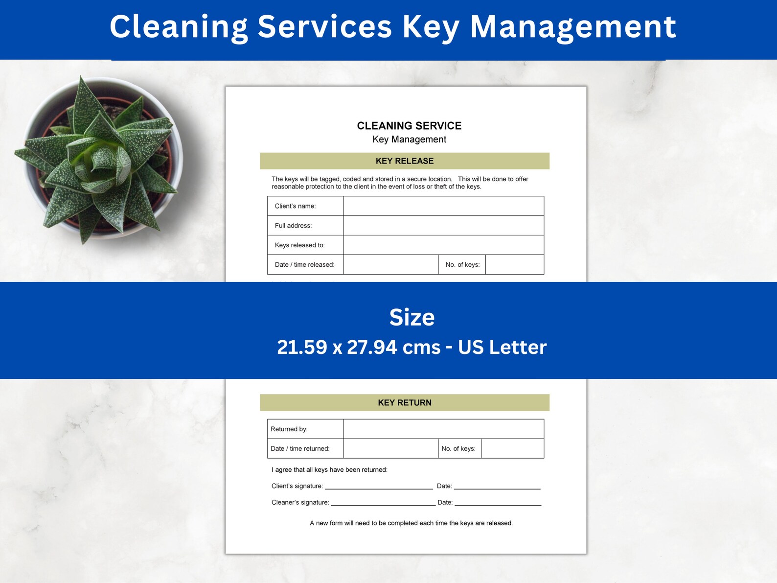House Cleaning Key Release Form Key Return Form Janitorial Key Return ...