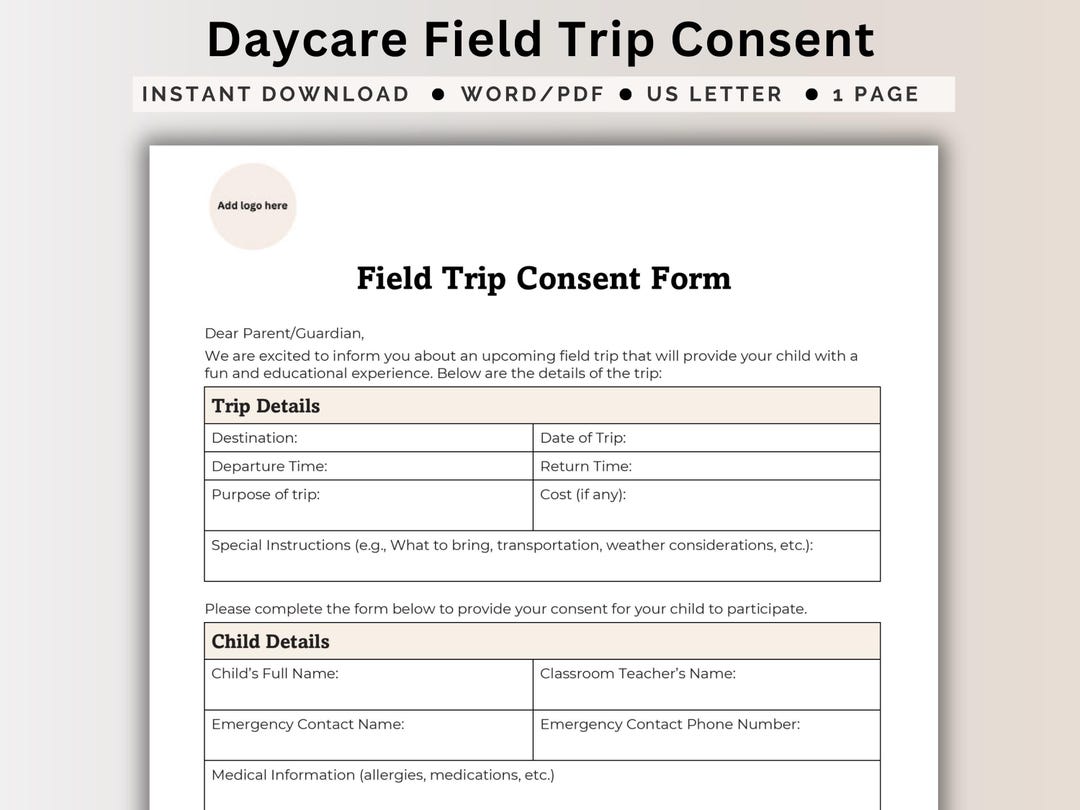 Field Trip Consent Form Childcare Outing Permission Slip Preschool ...