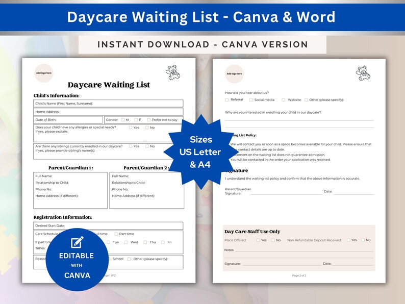 Daycare Waiting List Form Template for Preschool Childcare Registration Future Enrolment List ...