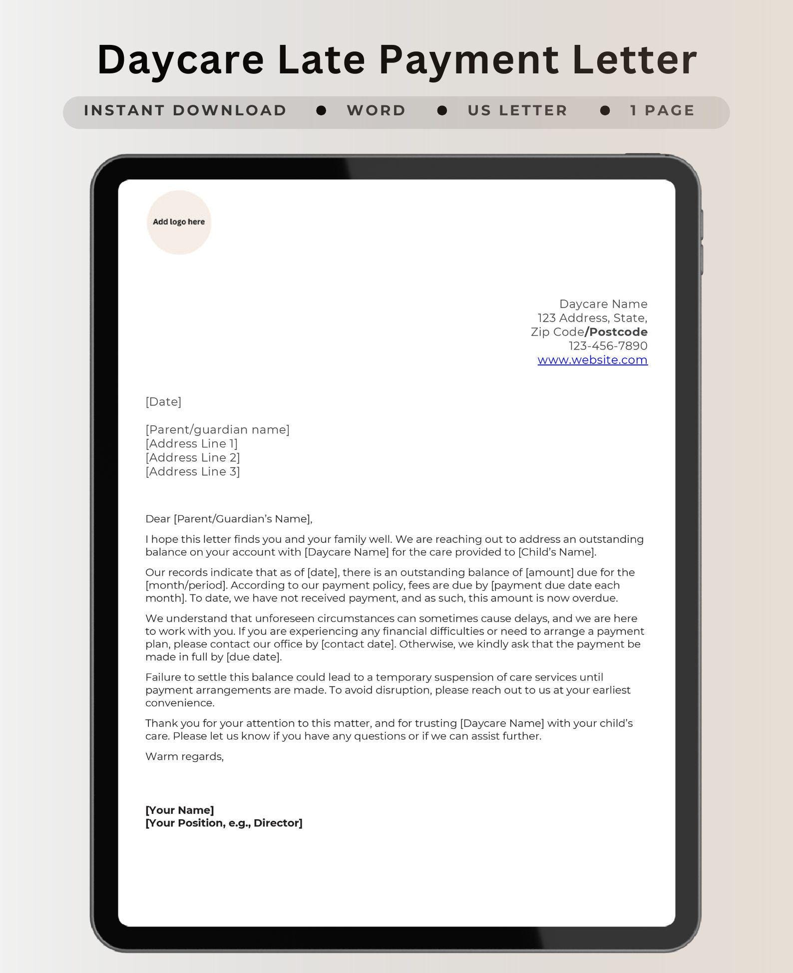 Daycare Late Payment Letter to Parent Past Due Balance Notice Reminder ...