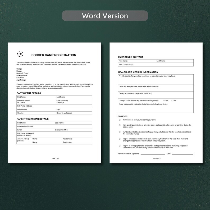 Soccer Camp Registration Form Template Word Download Youth Football ...