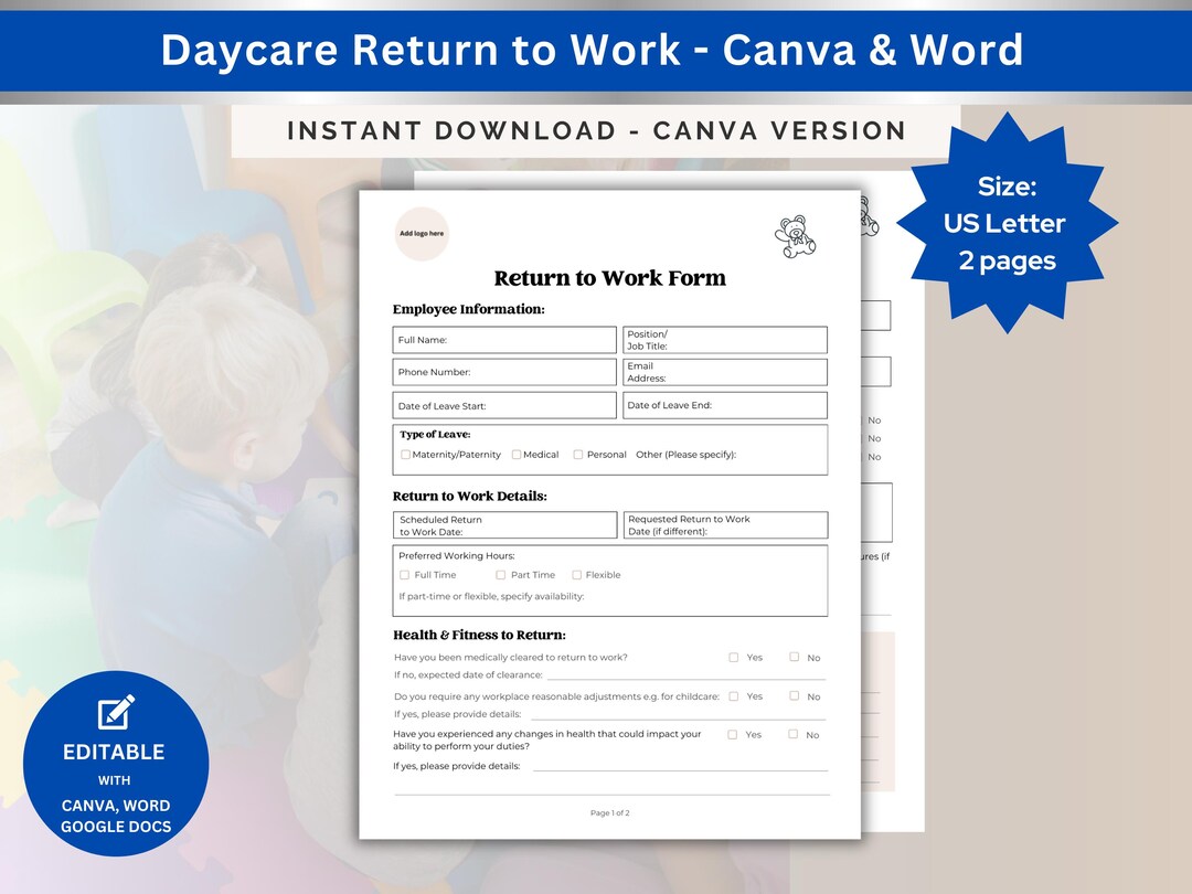 Daycare Return to Work Form for Return to Work Interview Printable ...
