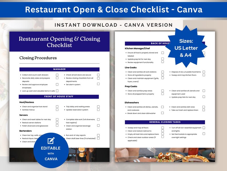 Restaurant Opening Checklist Restaurant Closing Checklist Daily Opening ...