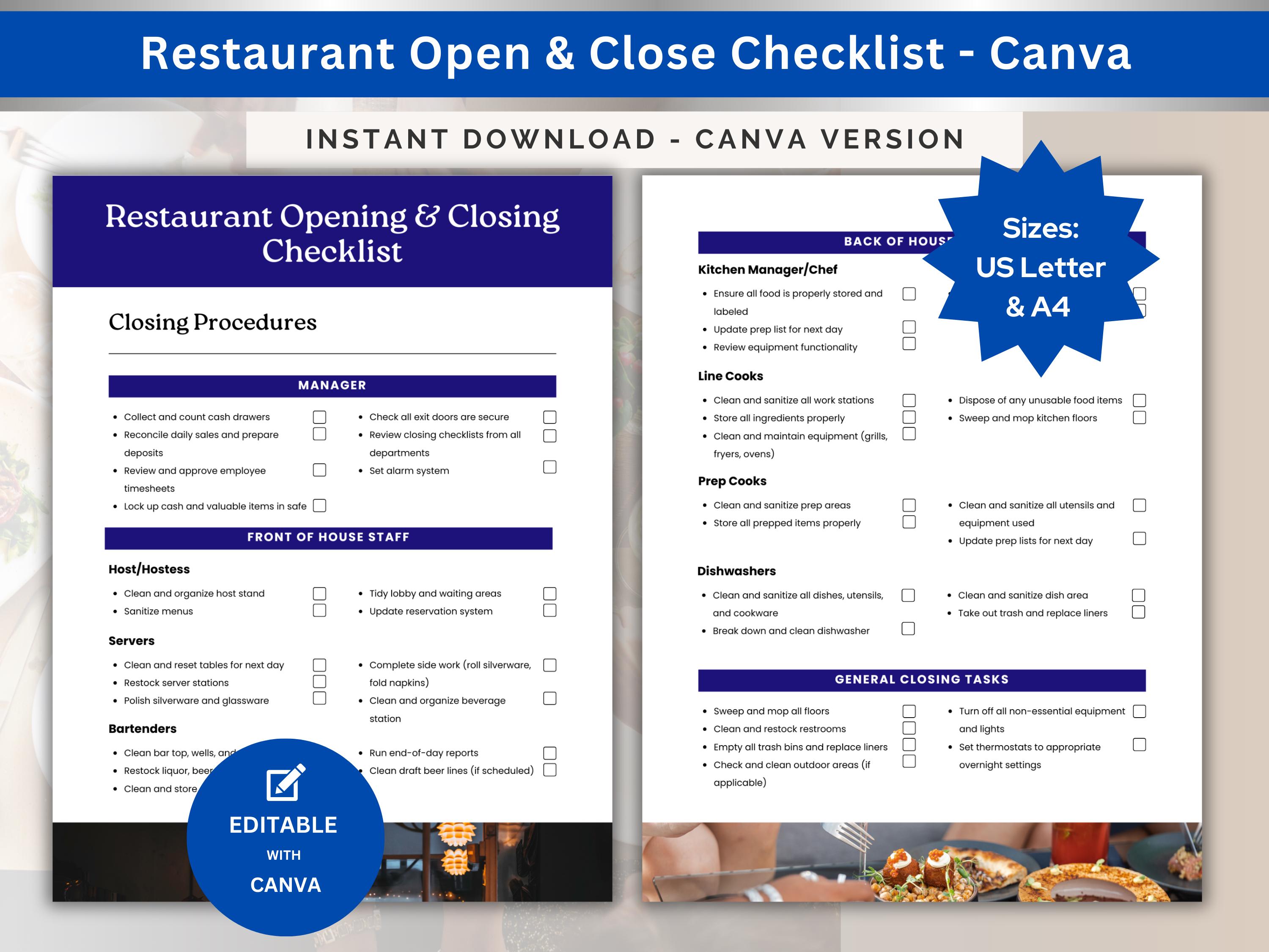 Restaurant Opening Checklist Restaurant Closing Checklist Daily Opening ...