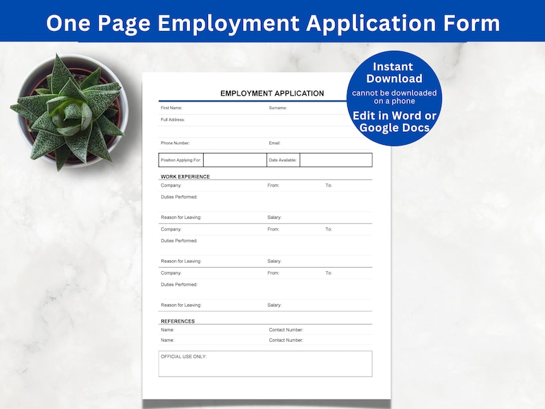 One Page Employment Application Form (PDF & Word) - Etsy