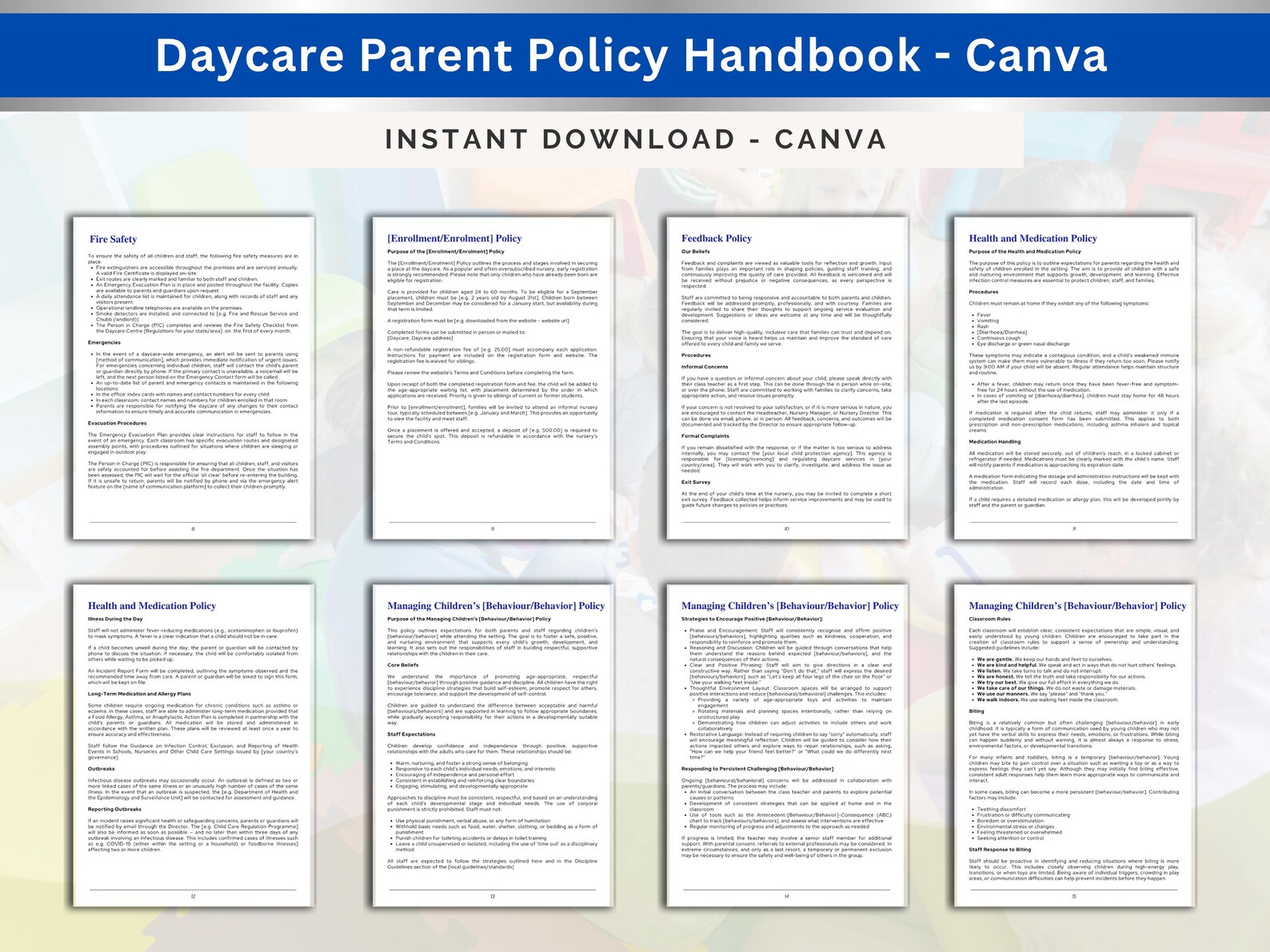 Editable Daycare Parent Handbook Template: Childcare Welcome Packet ...