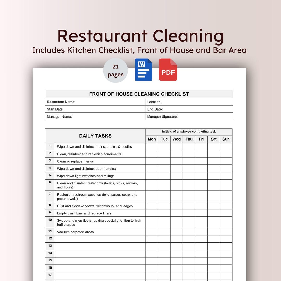 Restaurant Cleaning Checklist Template Bar Area Sanitising Procedures ...