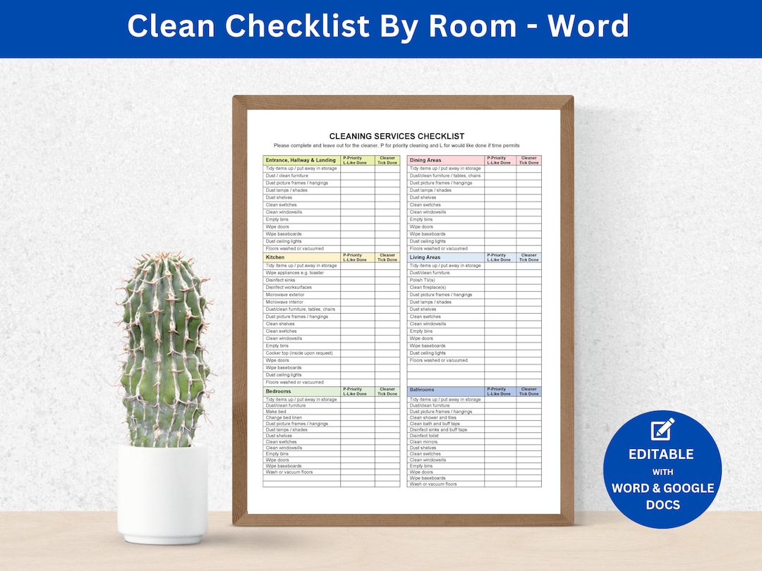 Cleaning Services Checklist Template for Cleaners to Complete Tick off ...