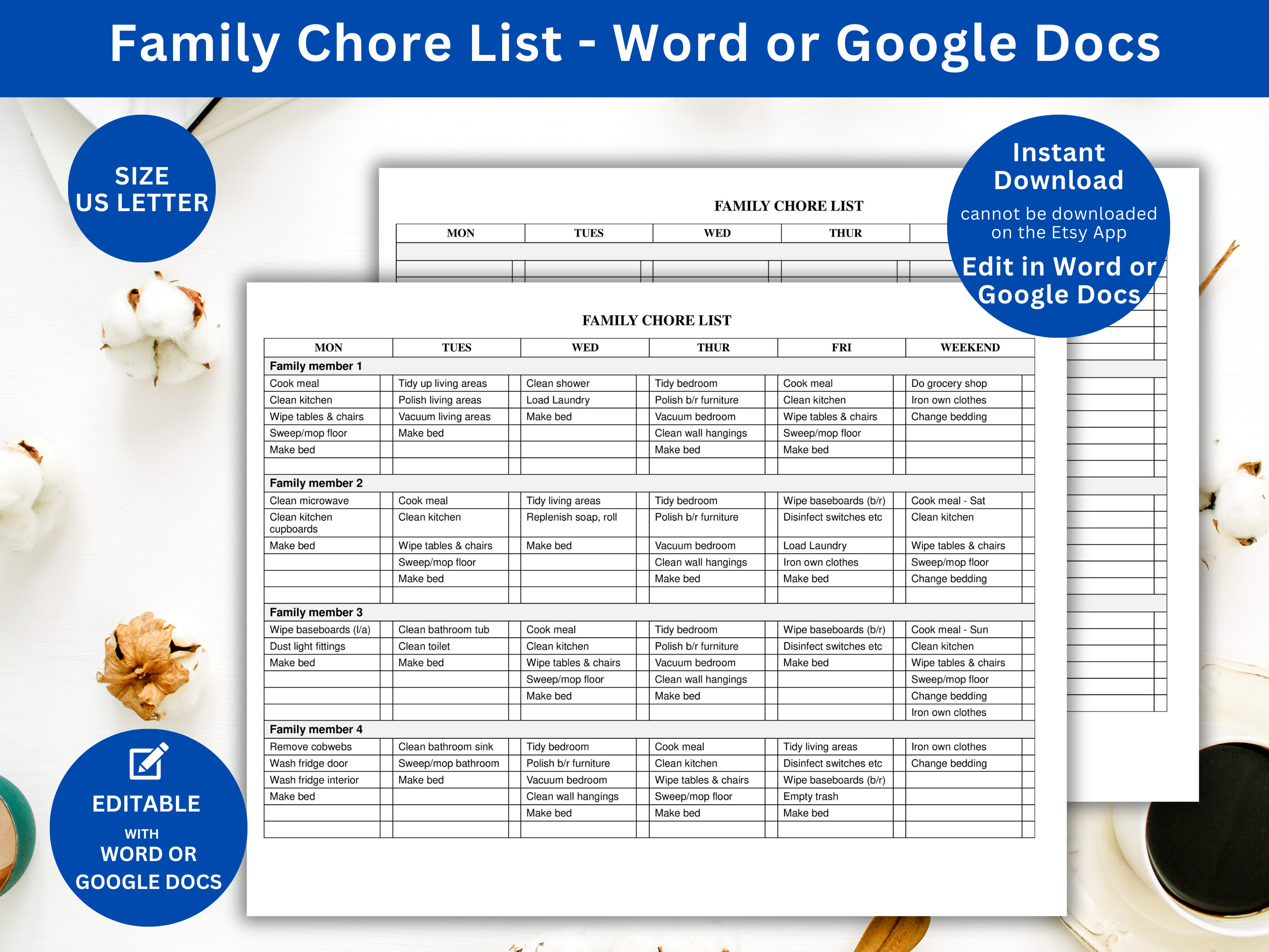 Household Chore List With Daily and Weekly Family Tasks Printable PDF ...