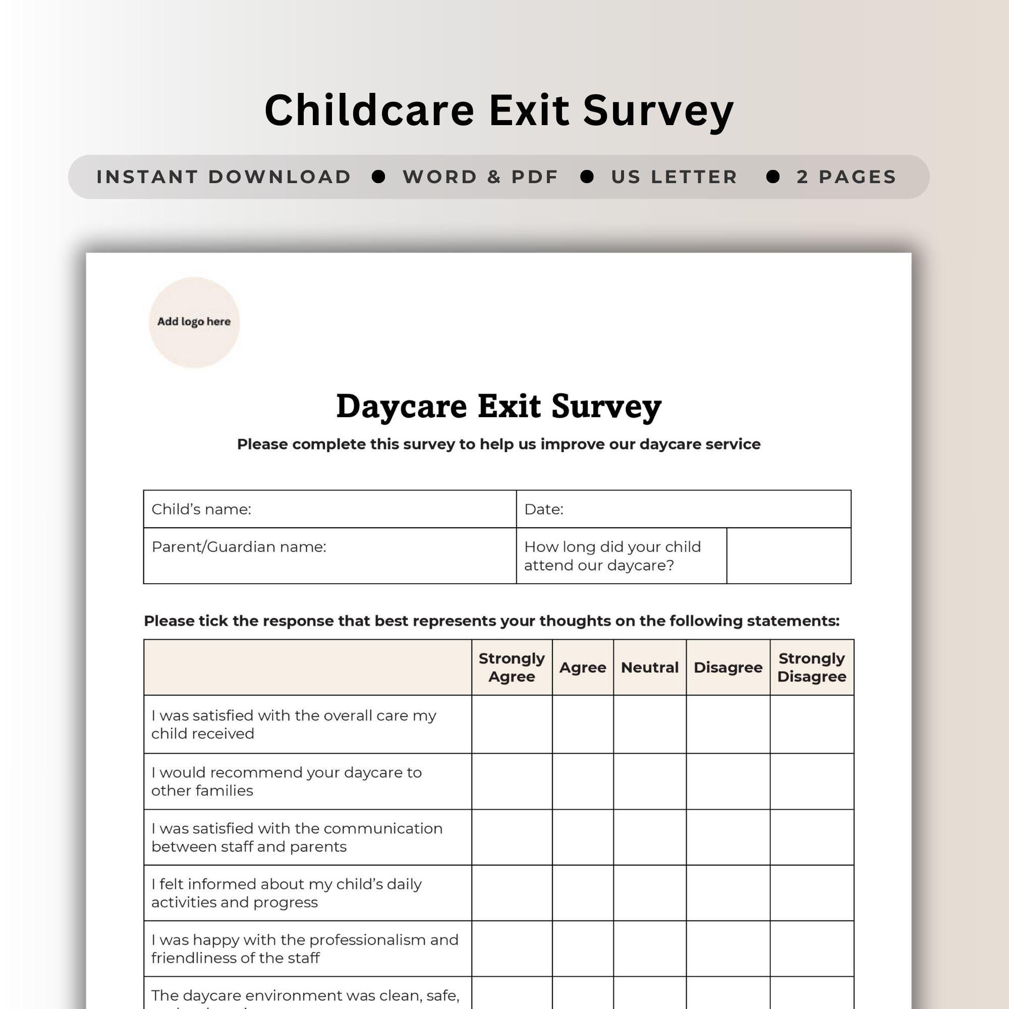 Childcare Satisfaction Survey Daycare Exit Feedback Form Preschool ...