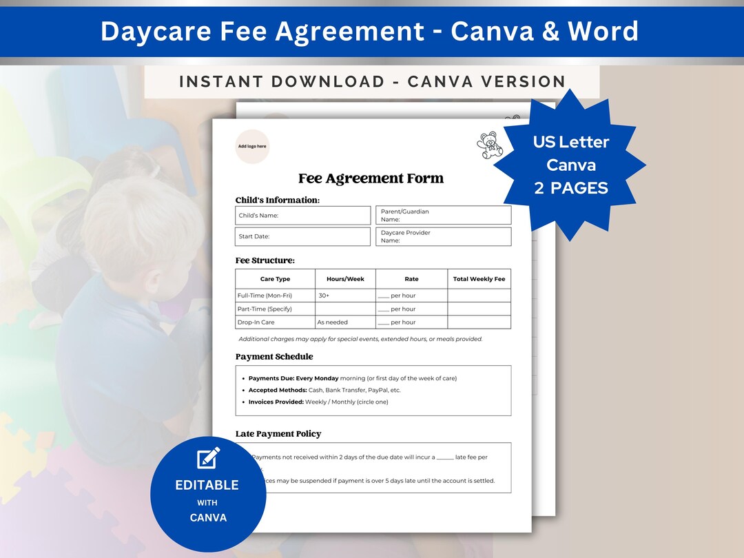Daycare Fee Agreement Form Childcare Payment Contract Editable Word ...
