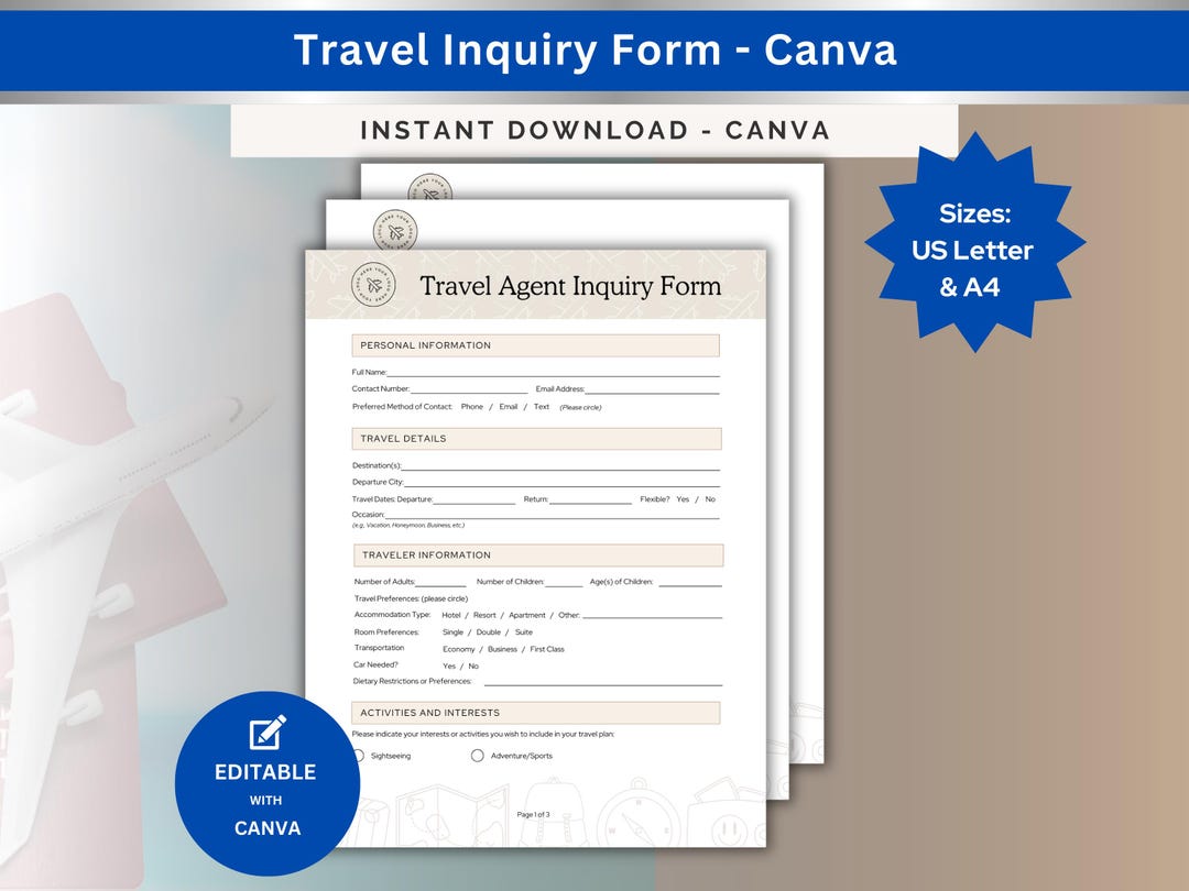 Printable Travel Agent Inquiry Form PDF Canva Travel Request Form ...