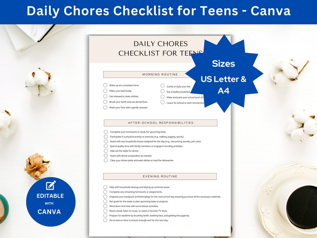 Checklist for Teen Daily Chores to Improve Teen Routine Time Management ...