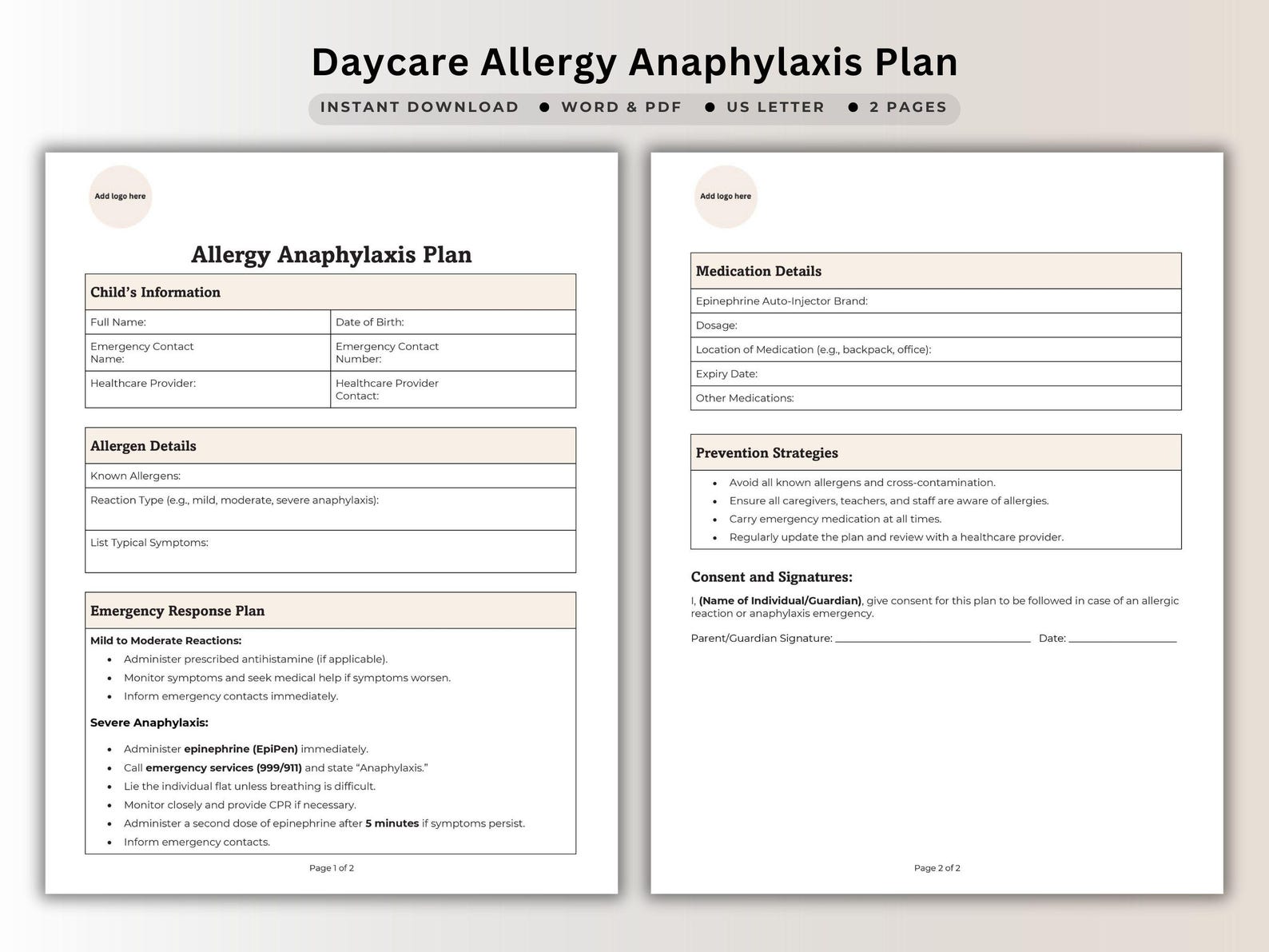 Daycare Allergy Anaphylaxis Emergency Action Plan Childcare Food ...
