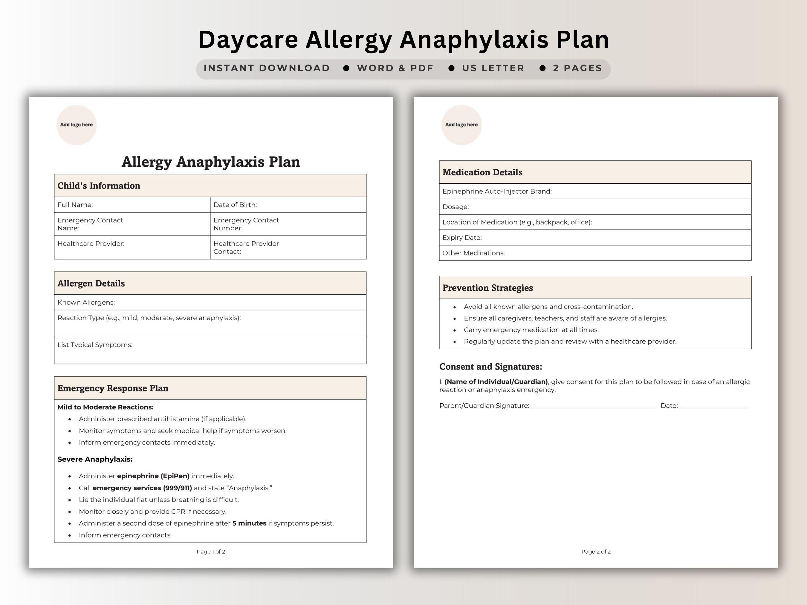 Daycare Allergy Anaphylaxis Emergency Action Plan Childcare Food ...