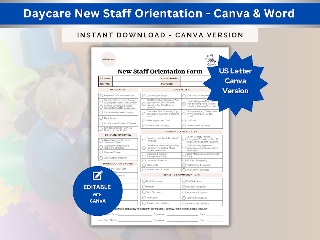 Daycare Staff Orientation Checklist for Onboarding New Staff Preschool ...