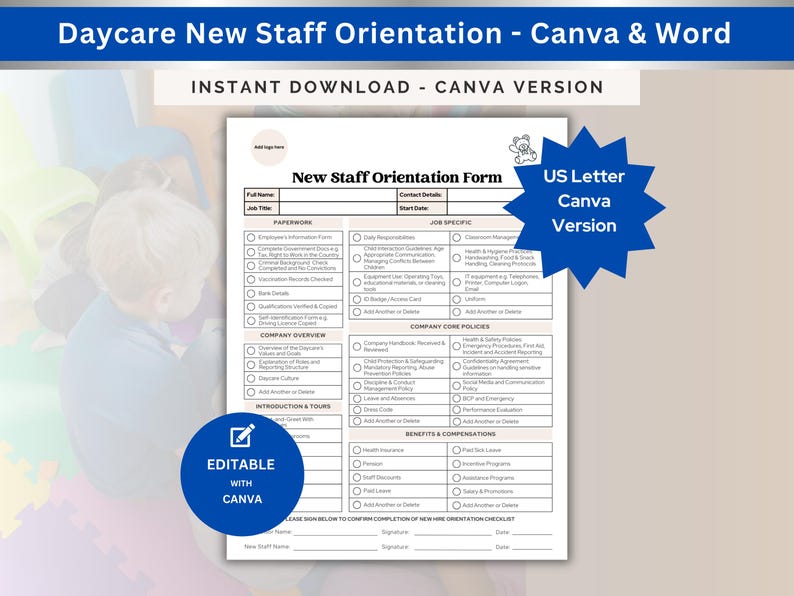 Daycare Staff Orientation Checklist for Onboarding New Staff Preschool ...