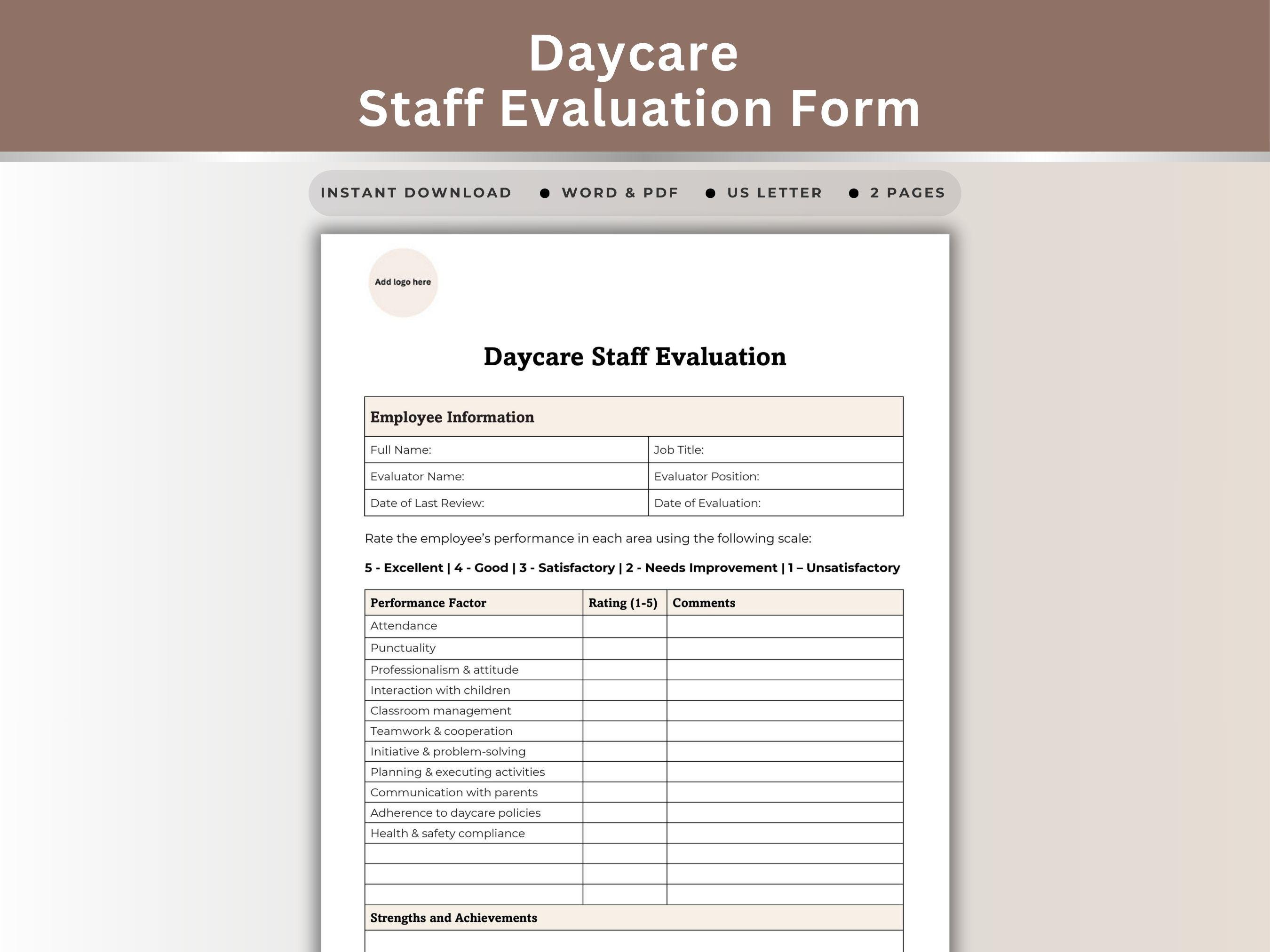 Preschool Staff Evaluation Form Template Employee Performance Review ...