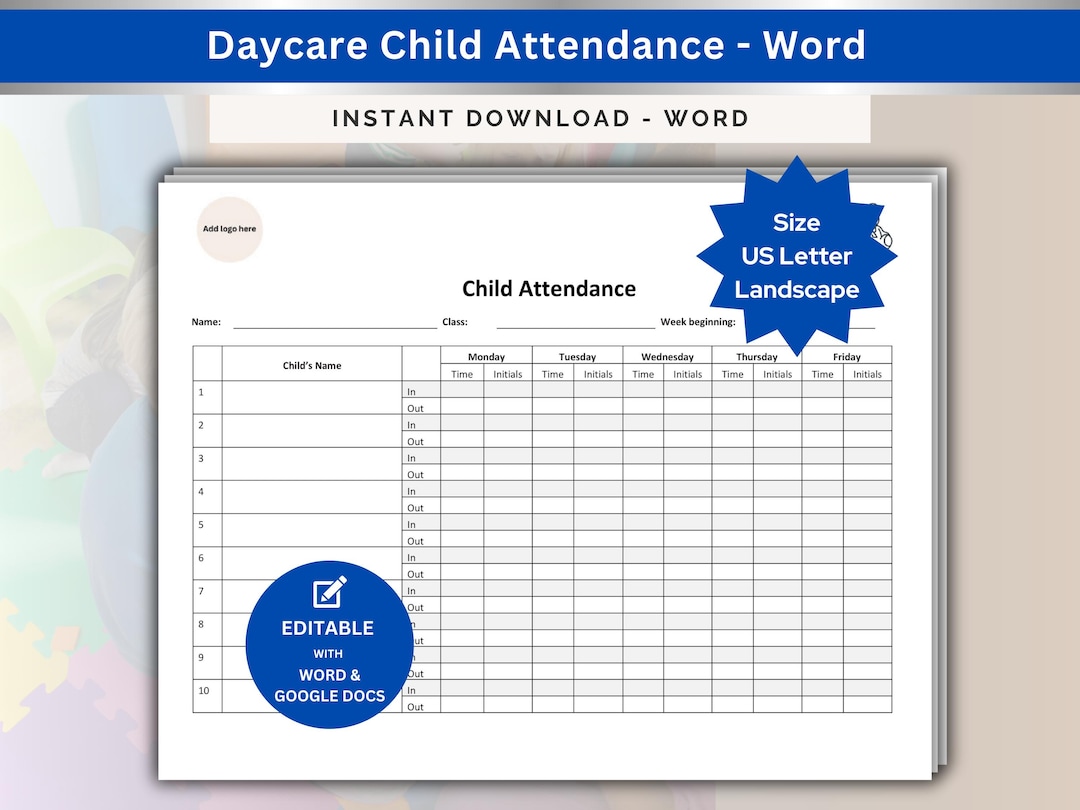Daycare Attendance Sign in Sheet, Sign Out Sheet, Day Care Daily ...
