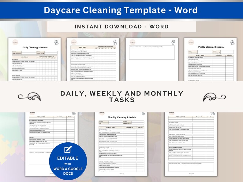 Daycare Cleaning Schedule Template Daily, Weekly, Monthly Cleaning ...