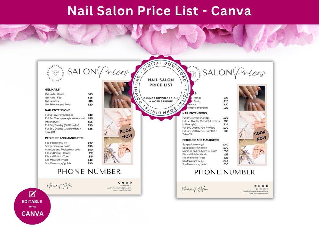 Nail Salon Price List for a Nail Services Pedicure, Manicure, Gel Nails ...