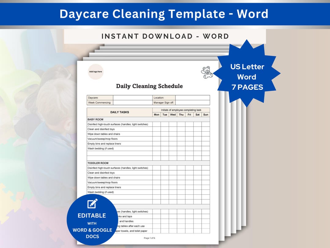 Daycare Cleaning Schedule Template Daily, Weekly, Monthly Cleaning ...