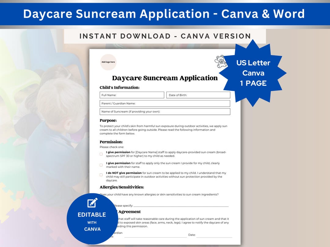 Daycare Sun Cream Permission Form, Editable Word & Google Docs, Canva ...