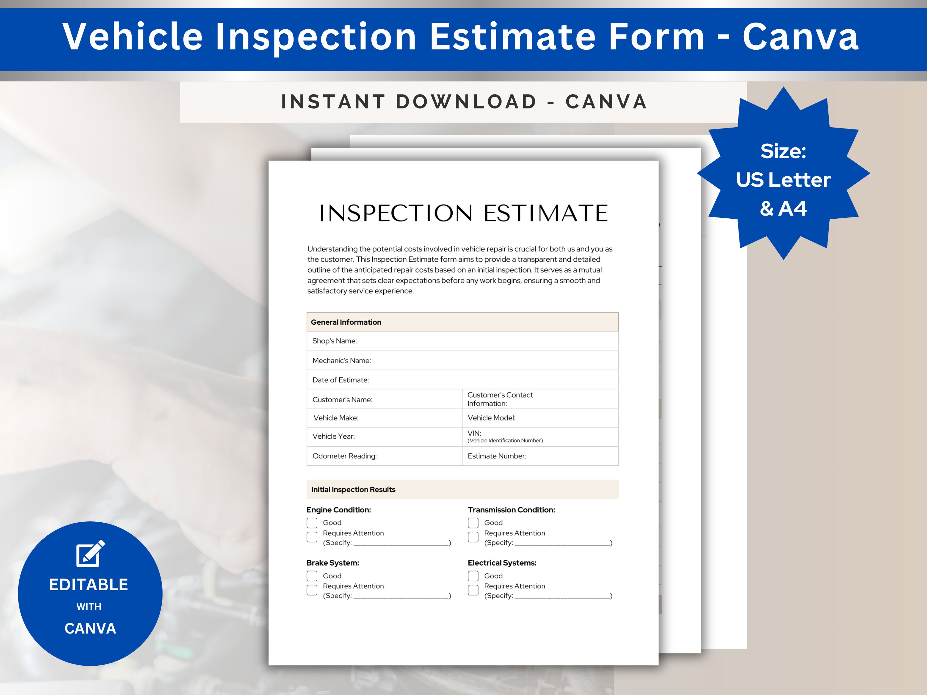 Vehicle Inspection Estimate Form Inspection Car Check Repair Estimate ...