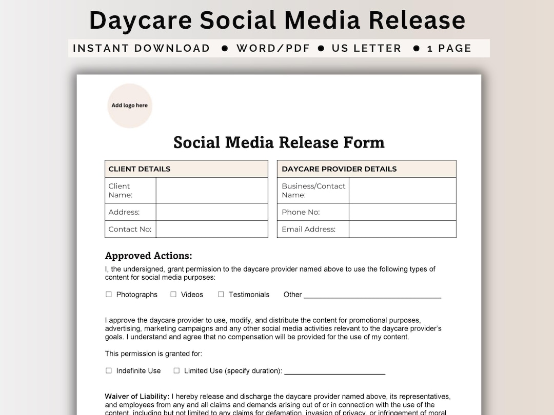 Daycare Social Media Release Form Template Childcare Photo Release ...