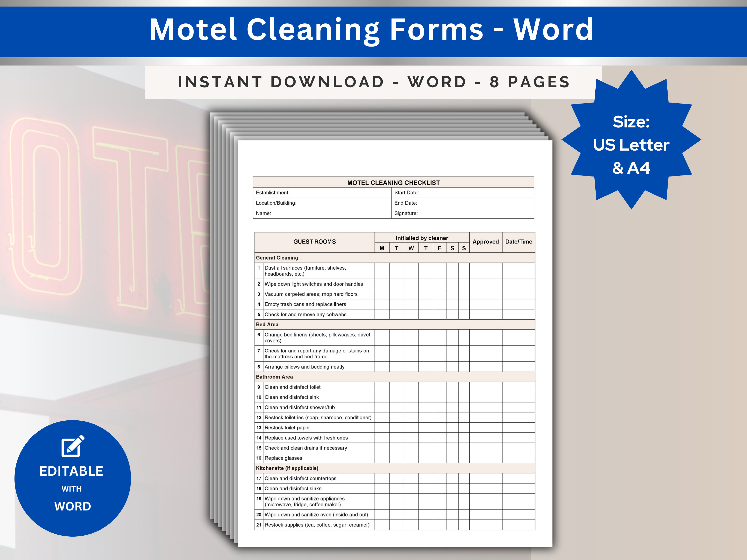 Motel Cleaning Checklist: Guest Room Cleaning Standards (word, PDF) - Etsy