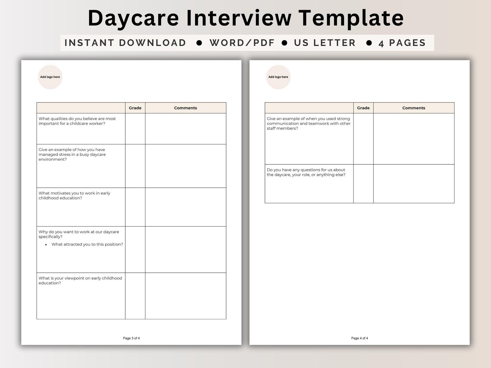 Childcare Hiring Questions for Daycare Interview Form With Example ...