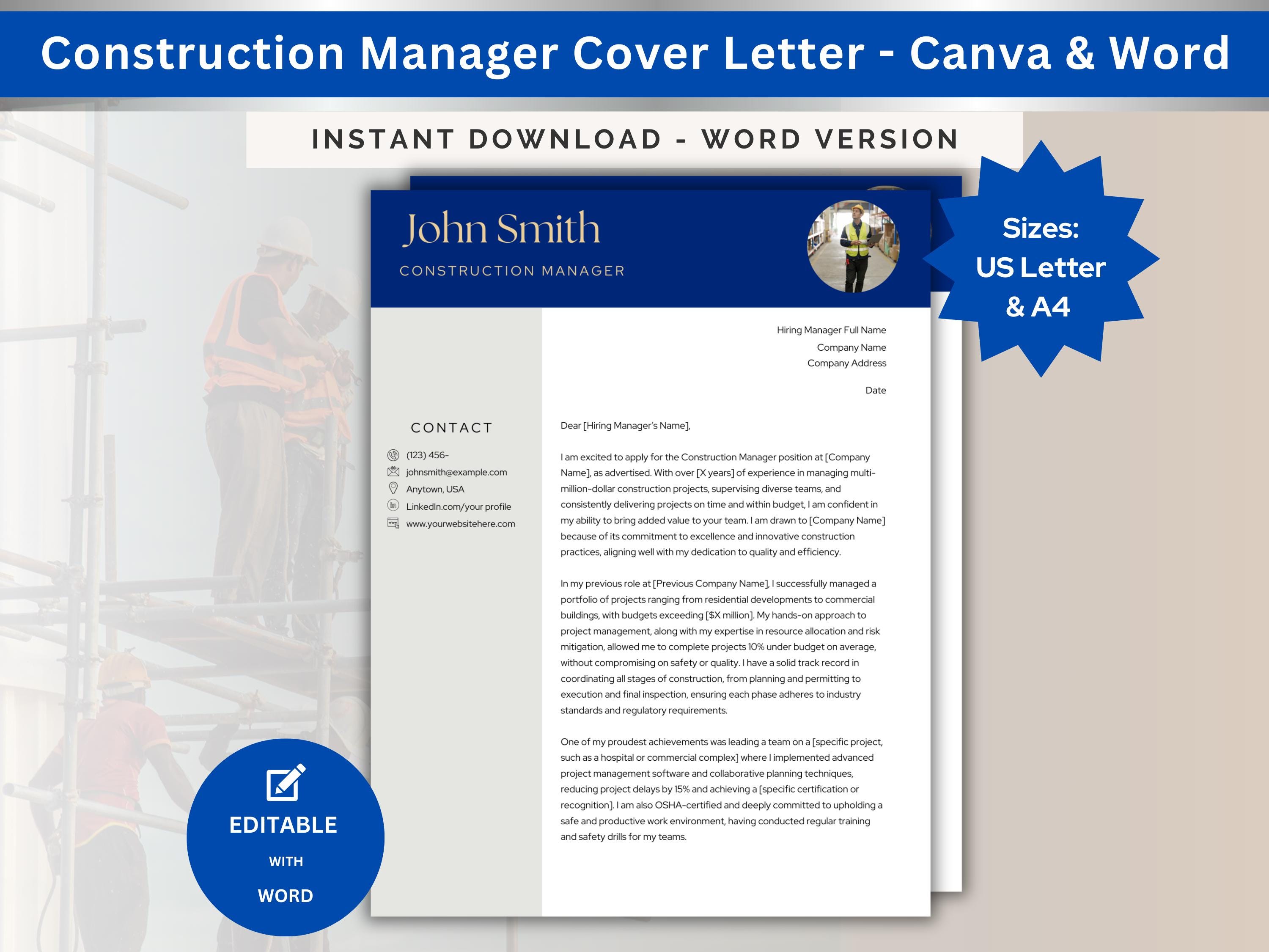 Construction Manager Cover Letter Template: Editable Word & Canva - Etsy