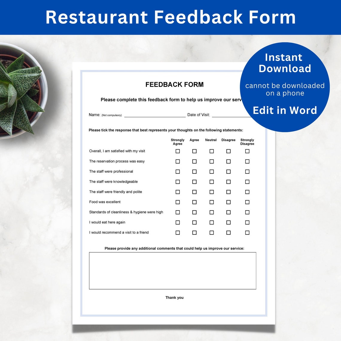 Restaurant Customer Feedback Form: Editable Survey (PDF, Word) - Etsy