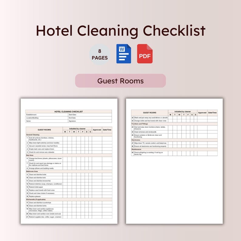 Hotel Housekeeping Cleaning Checklist Template Motel Cleaner Task Guide ...